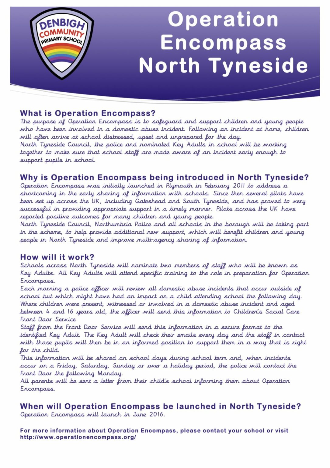 Operation Encompass - Denbigh Community Primary School - Wallsend